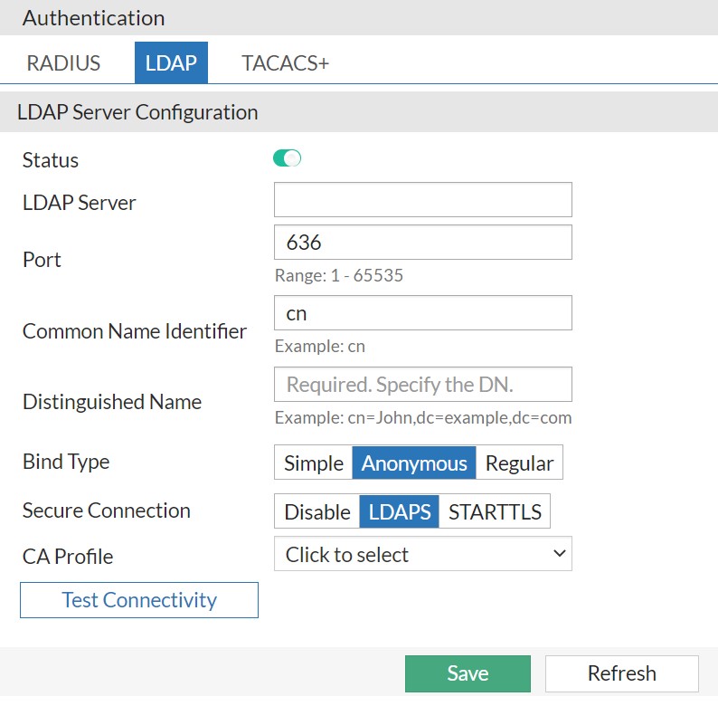 Configuring LDAP authentication | FortiDDoS-F 6.6.3 | Fortinet Document Library